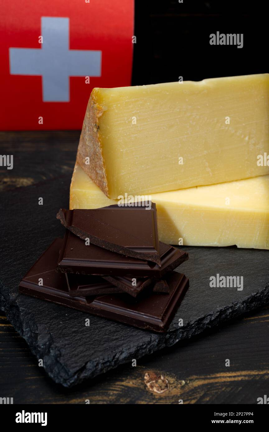 Swiss medium-hard cow milk cheese Gruyere, appenzeller, dark swiss ...