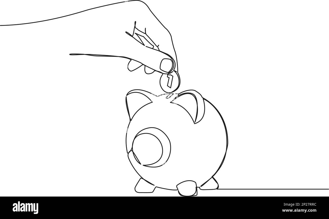 continuous single line drawing of hand inserting coin into piggy bank ...