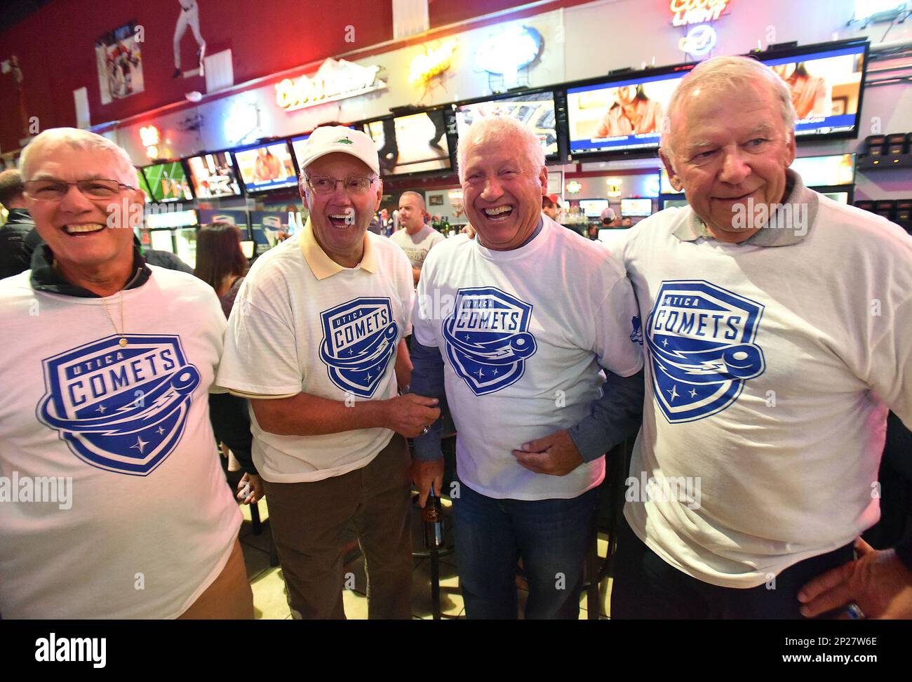 In this Oct. 3, 2015, photo, former Clinton Comets players, from left ...