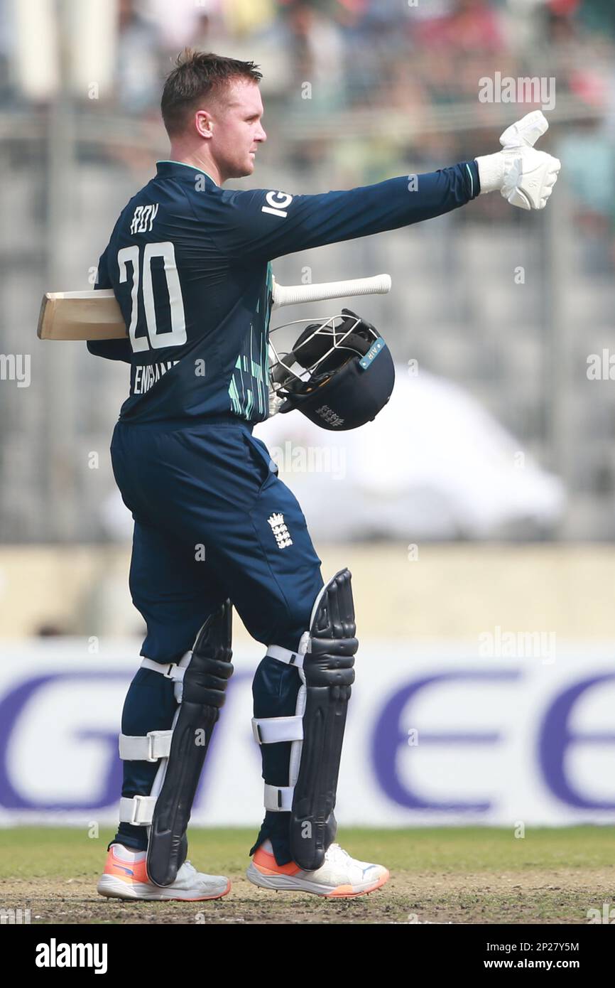 Jason Roy celebrates his hundrad runs during the Bangladesh-England 2nd ...
