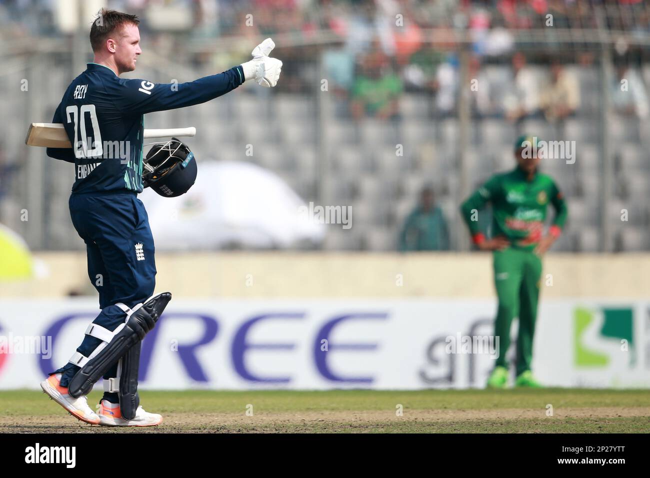 Jason Roy celebrates his hundrad runs during the Bangladesh-England 2nd ...
