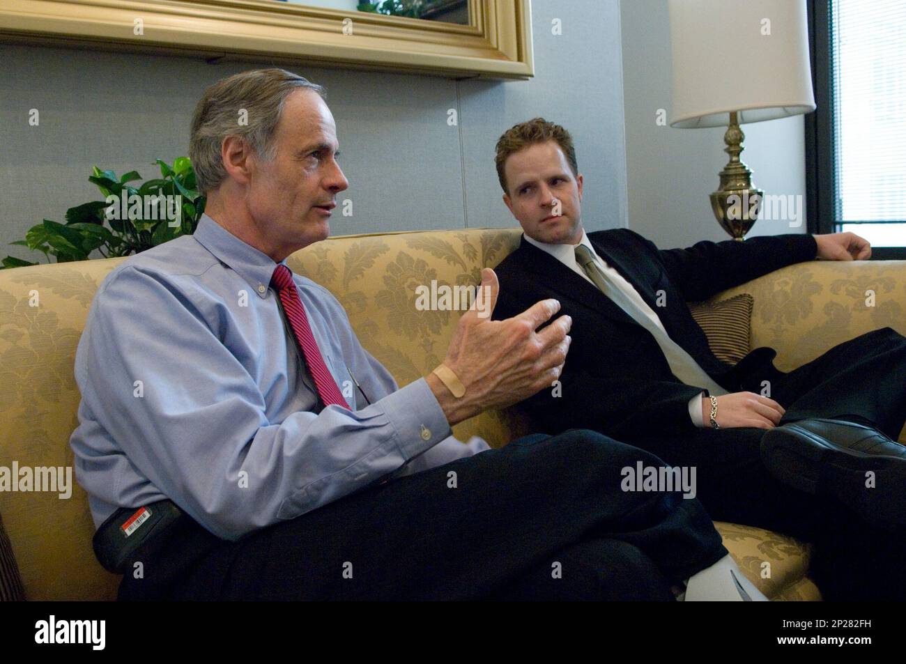 Tom Carper and his staffer Sean Barney during an interview in his office in the Hart Senate ...