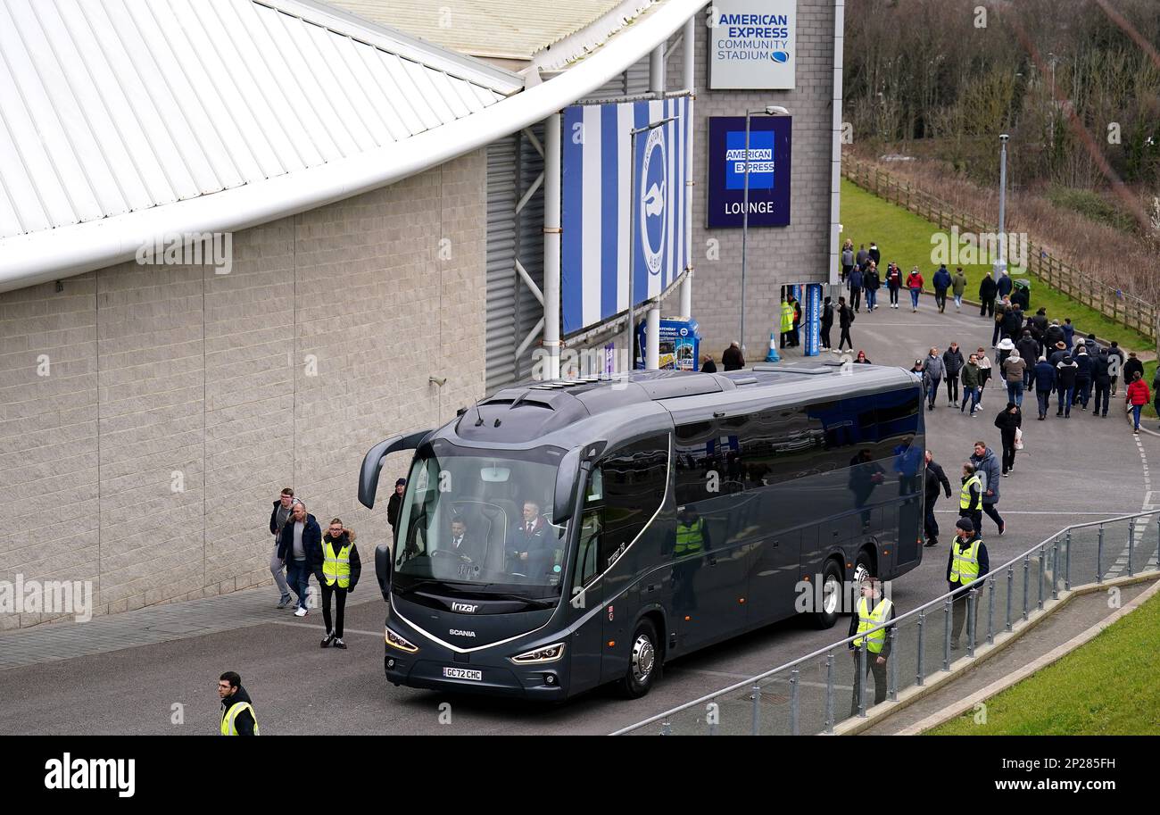 The West Ham United team coach arrives ahead of the Premier League match at the American Express ...