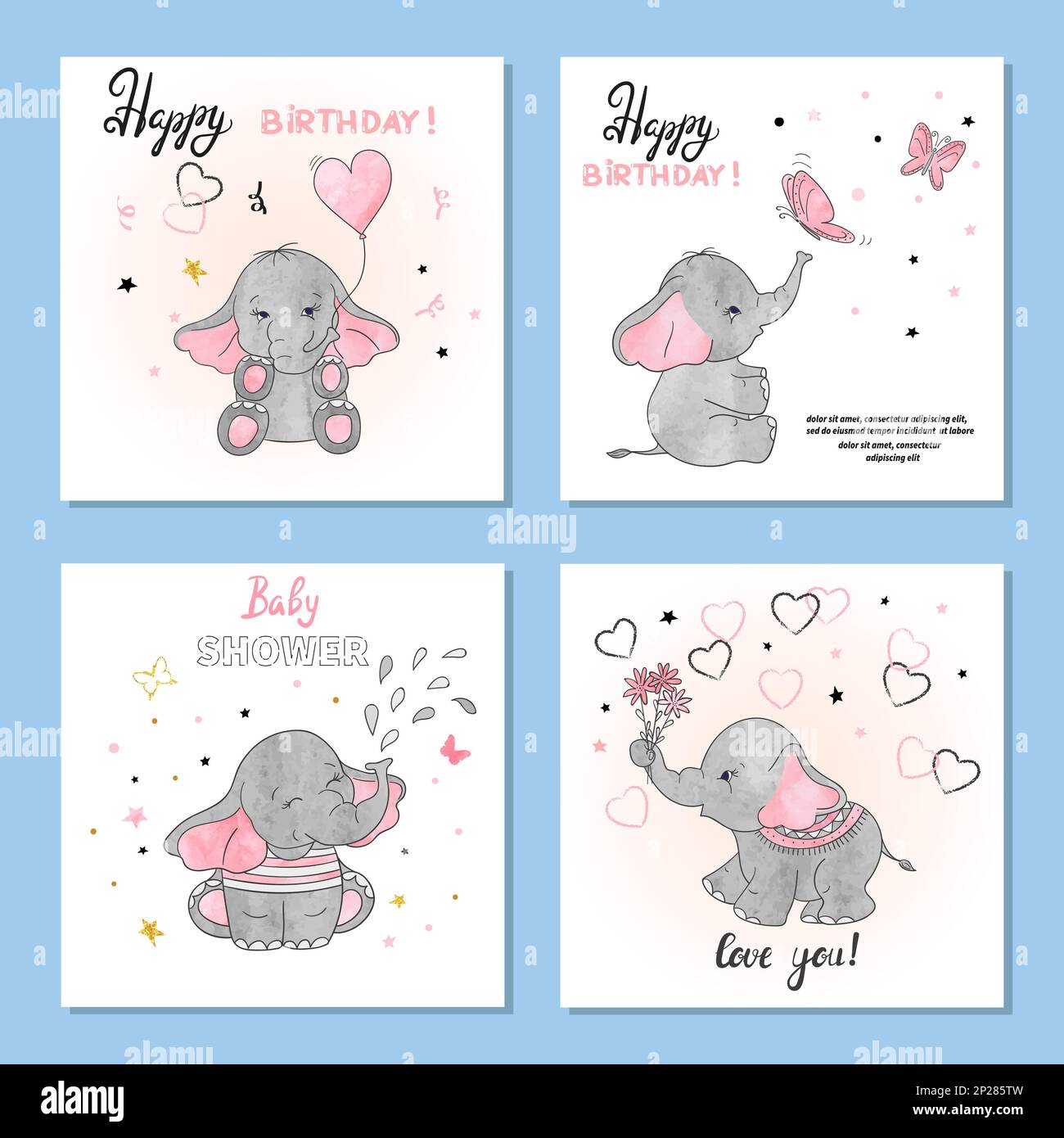 Cute Elephants vector illustrations. Set of birthday greeting cards ...