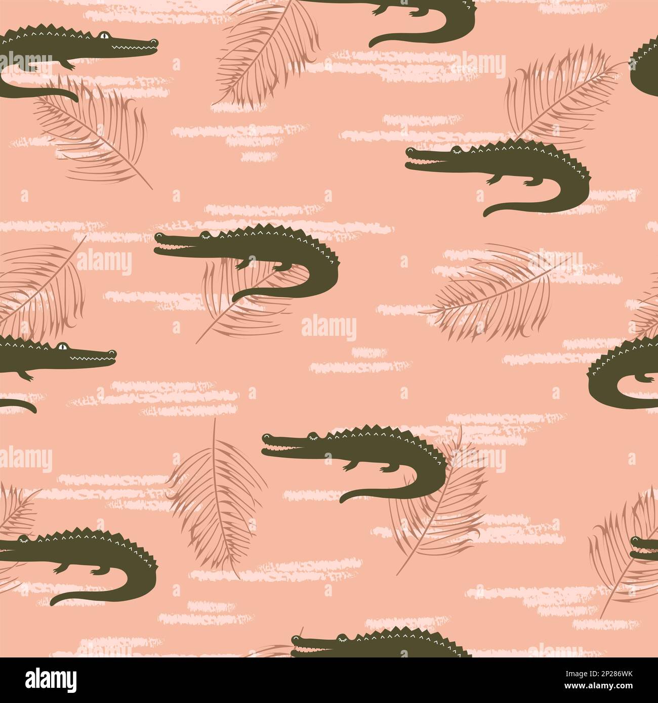 Seamless crocodiles pattern. Vector pink tropical background with palm ...