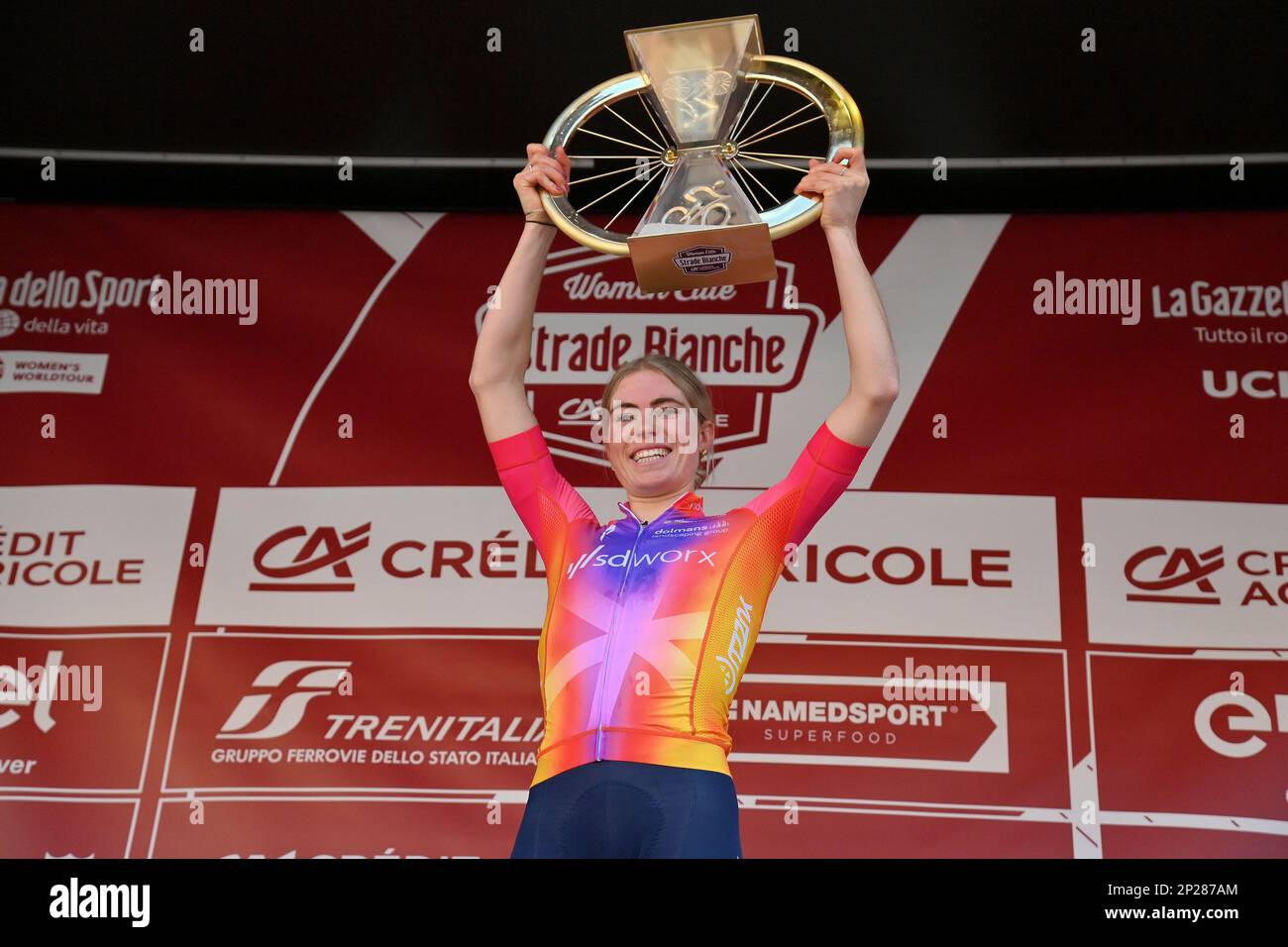 Demi Vollering of The Netherlands poses with the trophy after winning ...