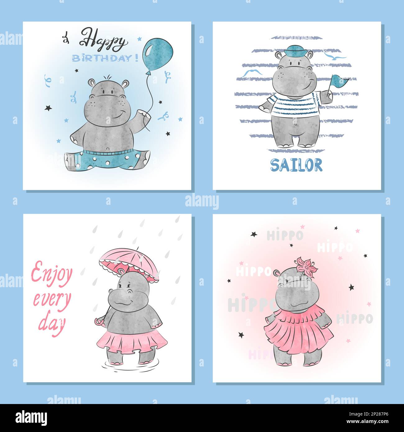 Cute Hippo vector illustrations. Set of birthday greeting cards ...