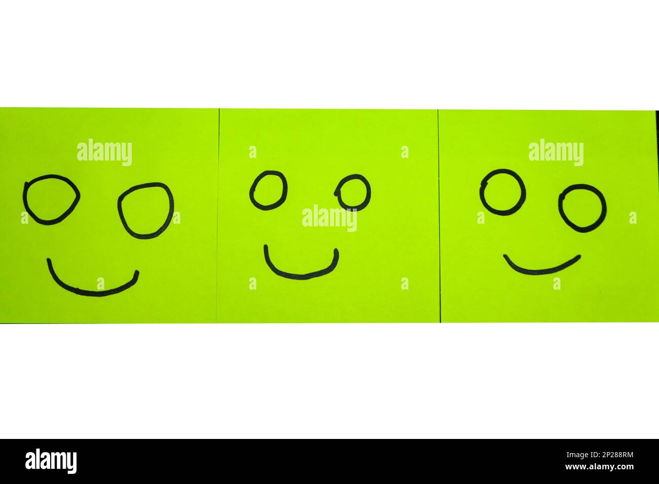 Unhappy and happy concept. Background of sticky notes. Green sticky ...