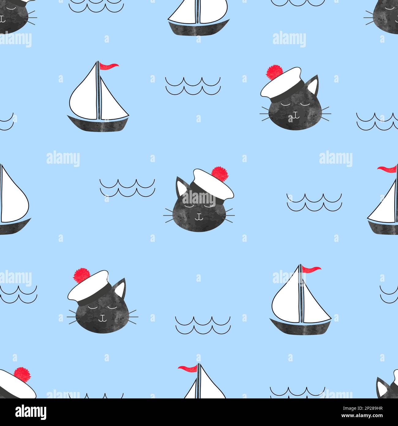 Seamless marine pattern with cat Sailor and ships. Vector sea ...