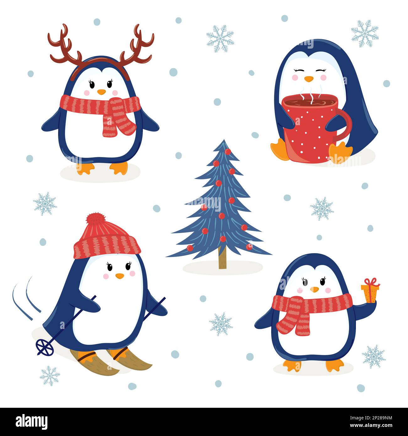 Cute penguins set. Merry Christmas and Happy New Year greetings. Vector ...