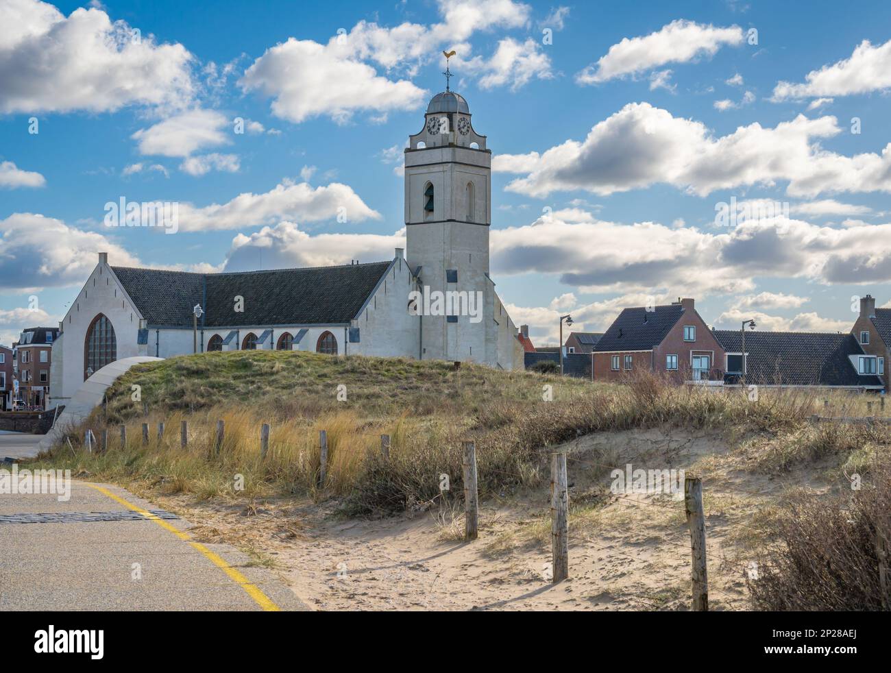 White church at seaside resort Katwijk aan Zee in South Holland seen from sand dunes Stock Photo ...