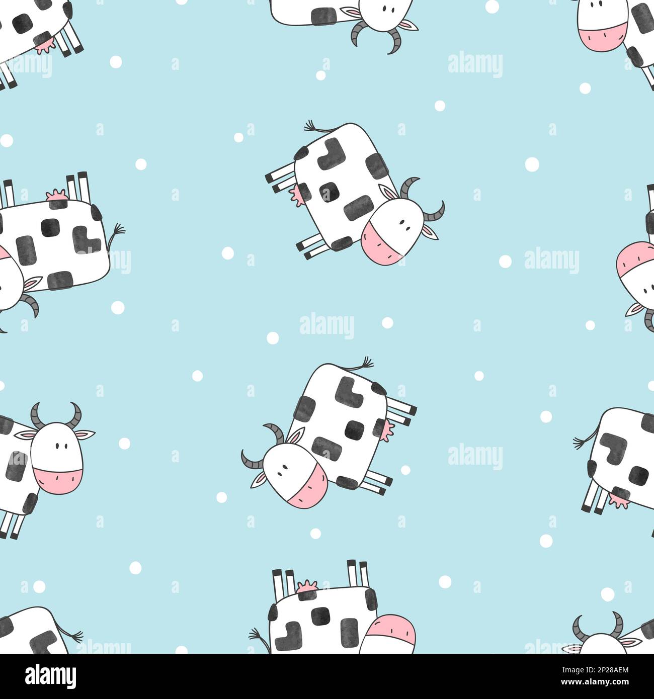 Seamless pattern with doodle cartoon cows. Vector background Stock ...