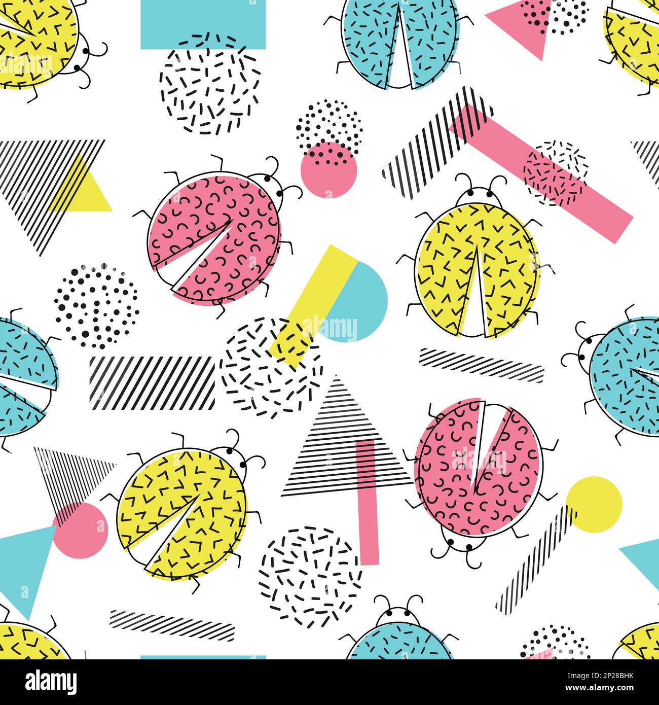 Seamless pattern with abstract ladybugs and geometric shapes, memphis ...