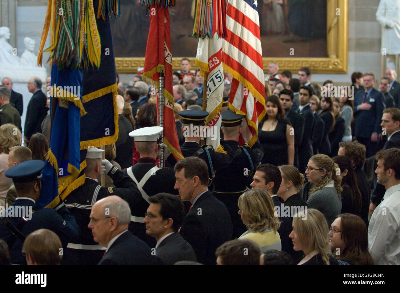 The United States Military Color Guard presents the colors during the ...