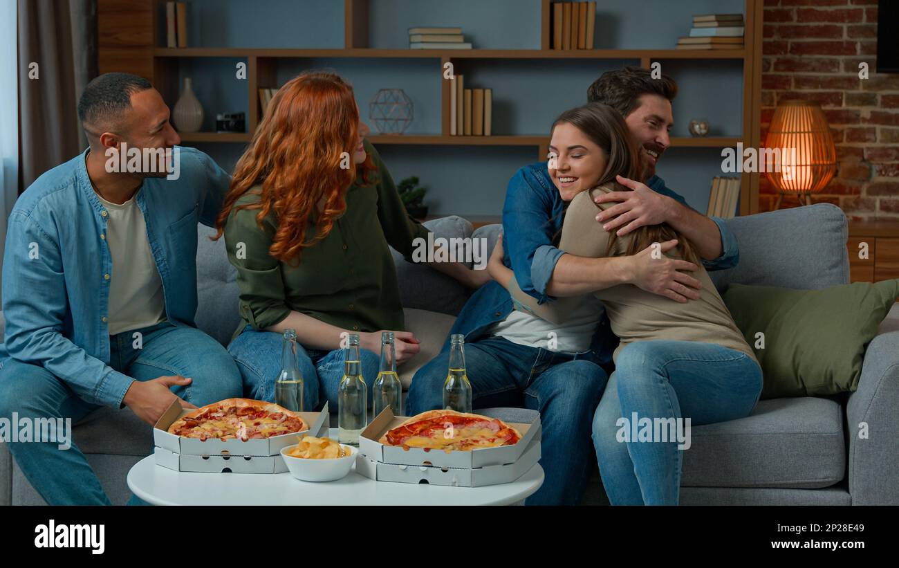 Alone caucasian man sit at home wait guests multiracial diverse ethnic ...