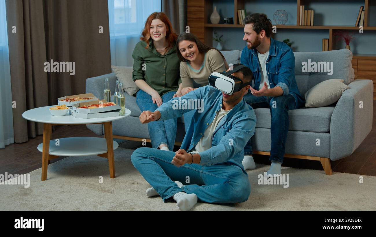 African american man cybergamer playing virtual reality 3d game ...