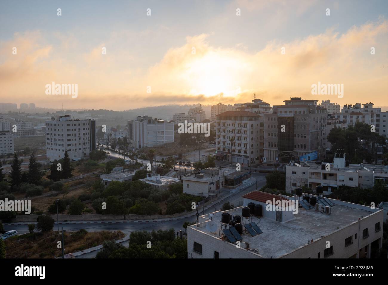 Ramallah Cityscape at Dawn Facing the Sunset, with its High White ...