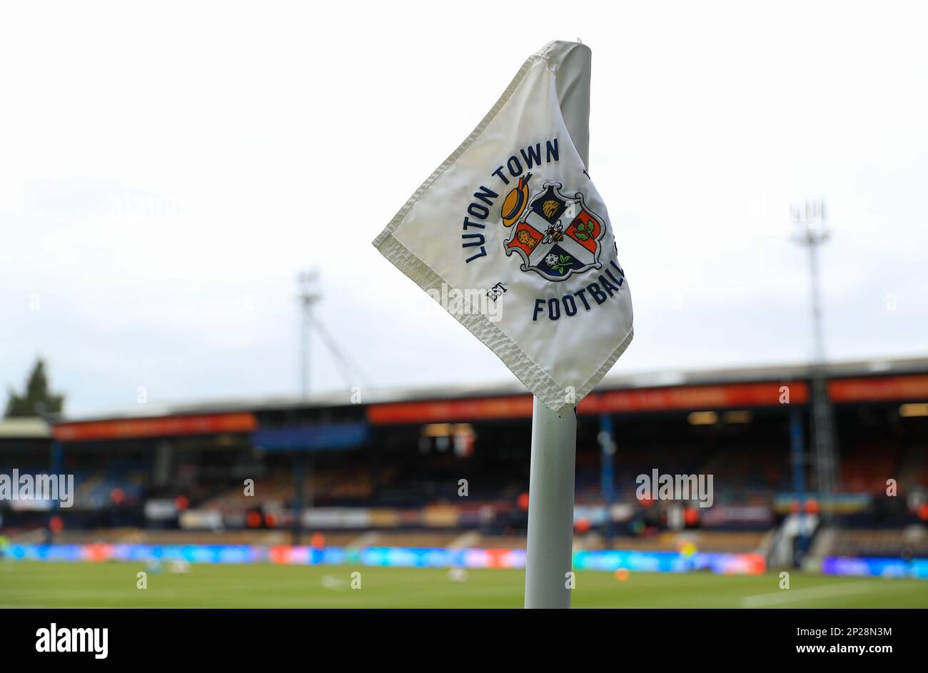 General view of a Luton Town branded corner flag inside the ground ...