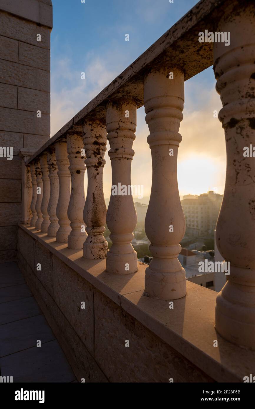 Ramallah Cityscape at Dawn behind Elegant Classical White Stone Fence ...