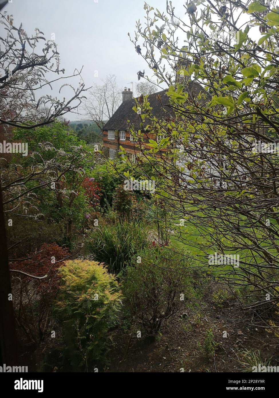 View of a country garden with a farmhouse in the distance Stock Photo ...