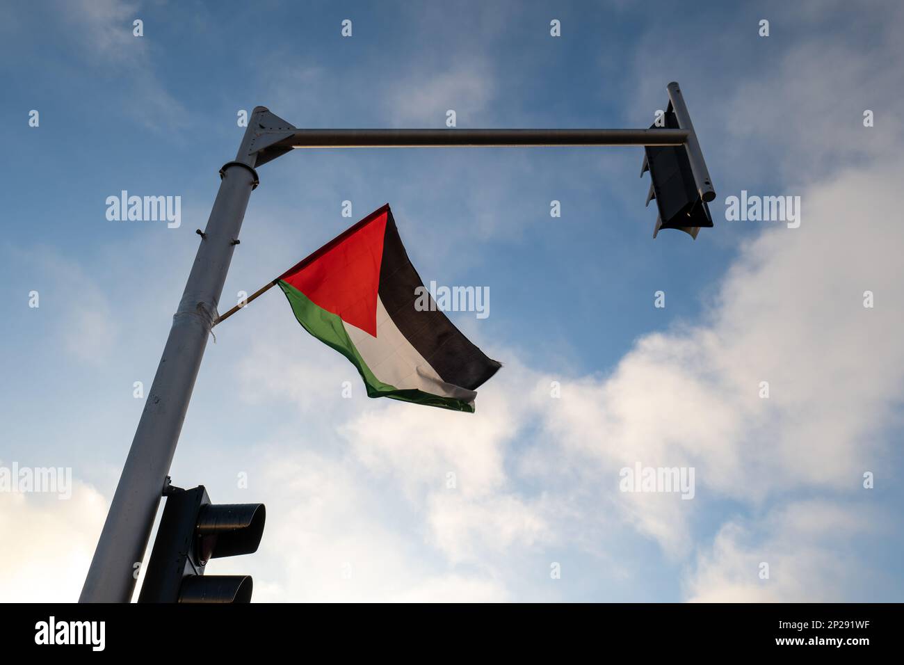 Palestine Flag Flying on a Pole Isolated at Dawn Stock Photo - Alamy