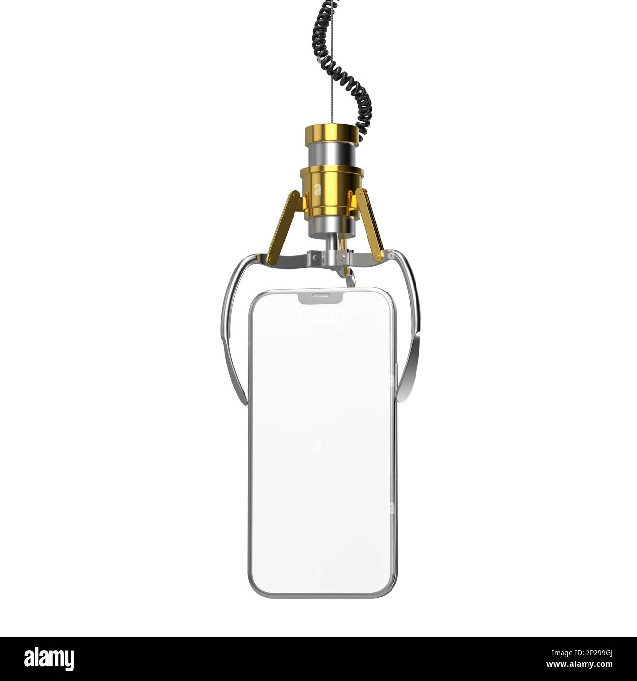 Golden robotic metal claw steel phone. Isolated on a white background ...