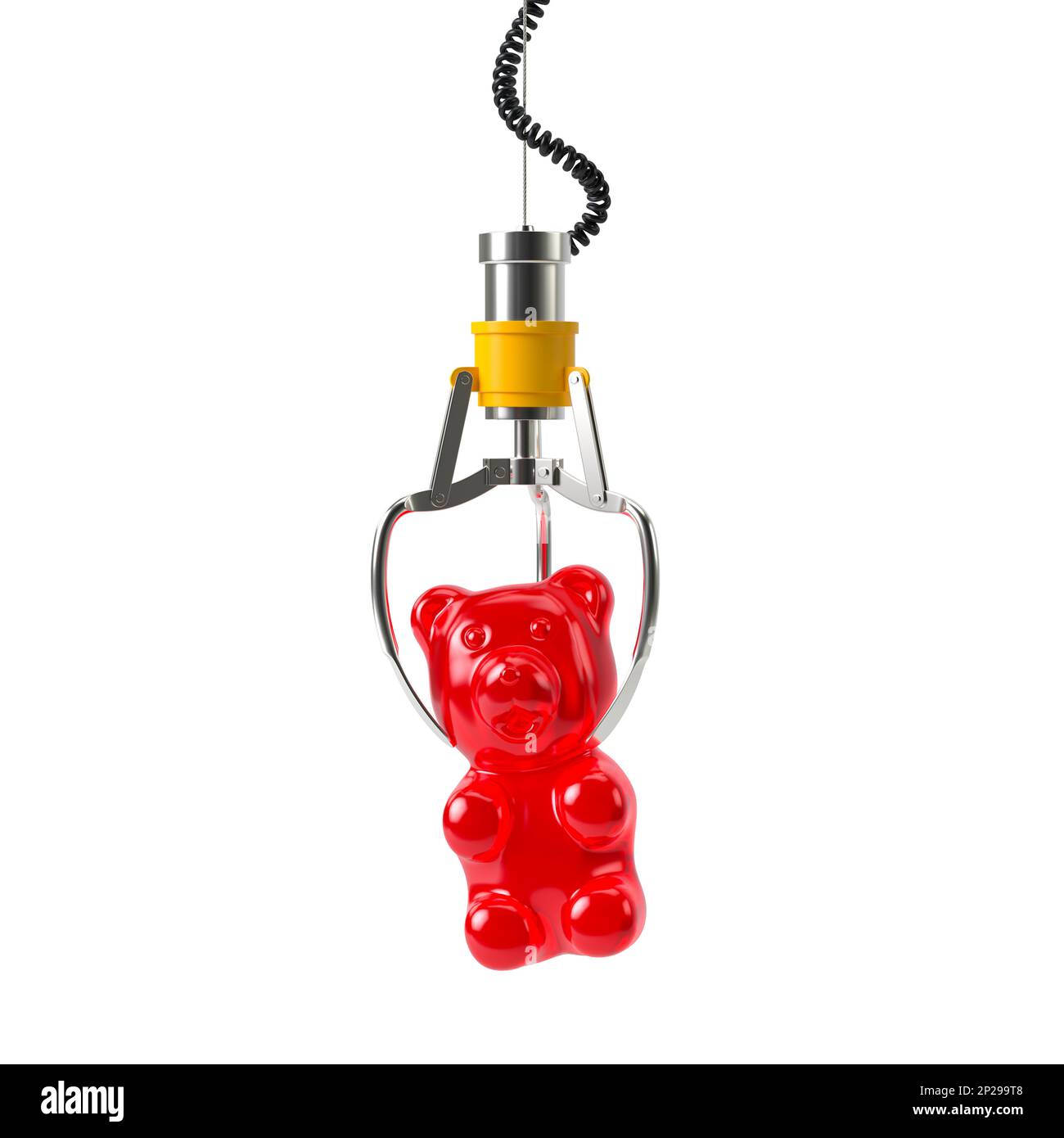 Yellow robotic metal claw hold red Gummy Bear. Isolated on a white ...