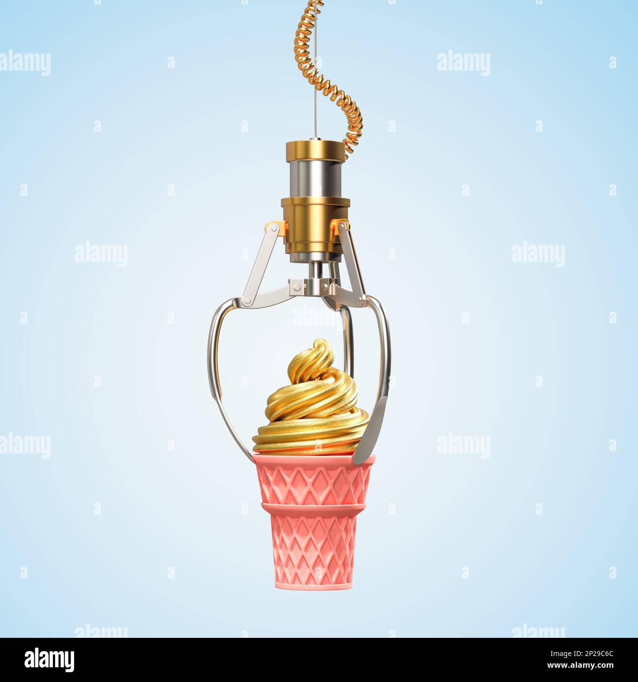 Golden robotic metal claw hold pink ice cream. Isolated on a blue ...