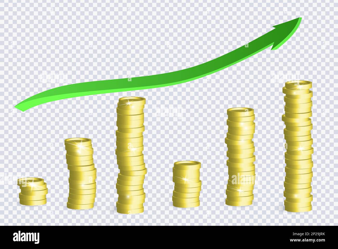 Green flexible arrow and coin stacks on transparent. Investment and ...