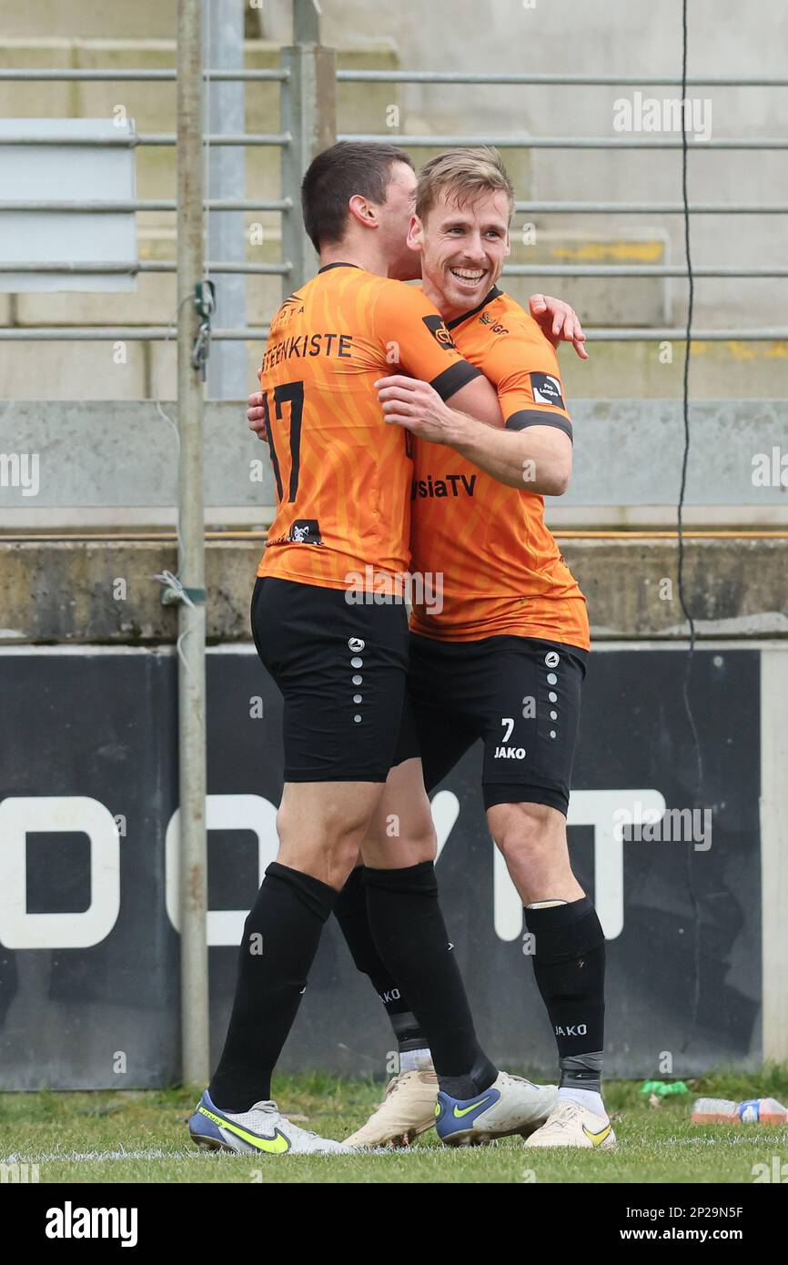 Deinze's Alessio Staelens celebrates after scoring during a soccer ...