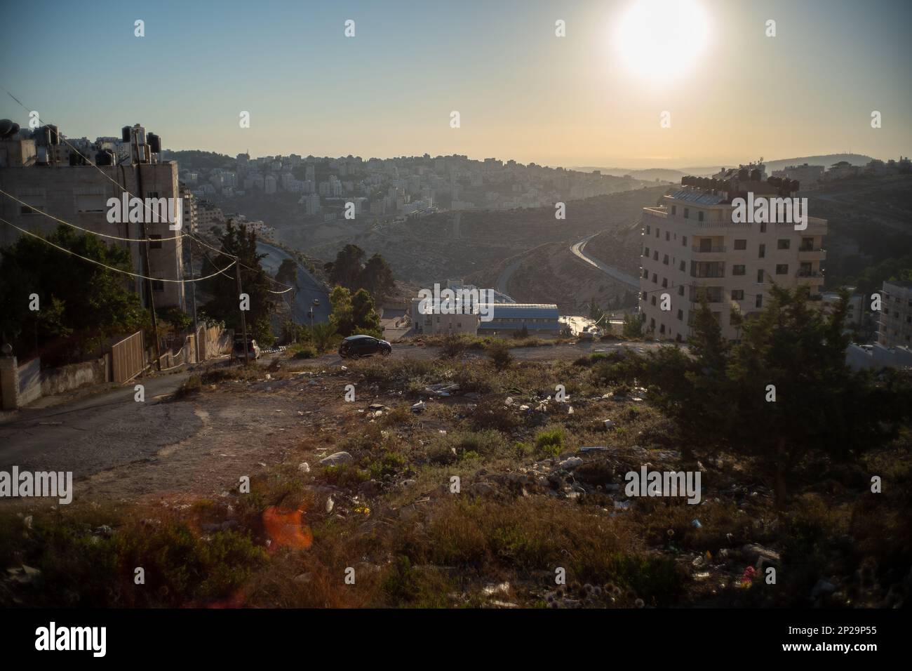 Ramallah Steep Dreamy Landscape with a Black Car Parked, Trees, Junks ...