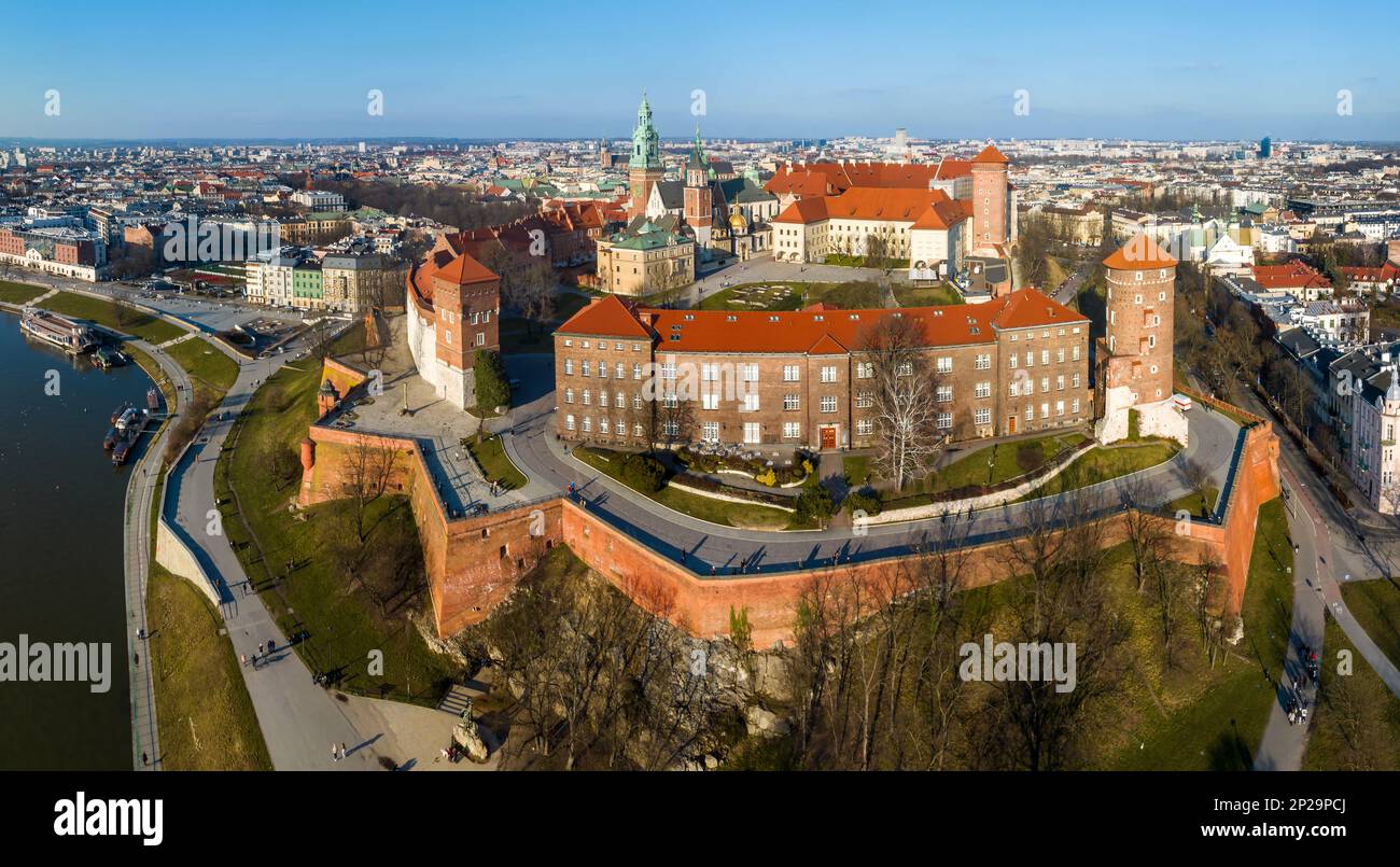 Krakow. Poland. Wawel castle with cathedral. Aerial panorama in sunset ...