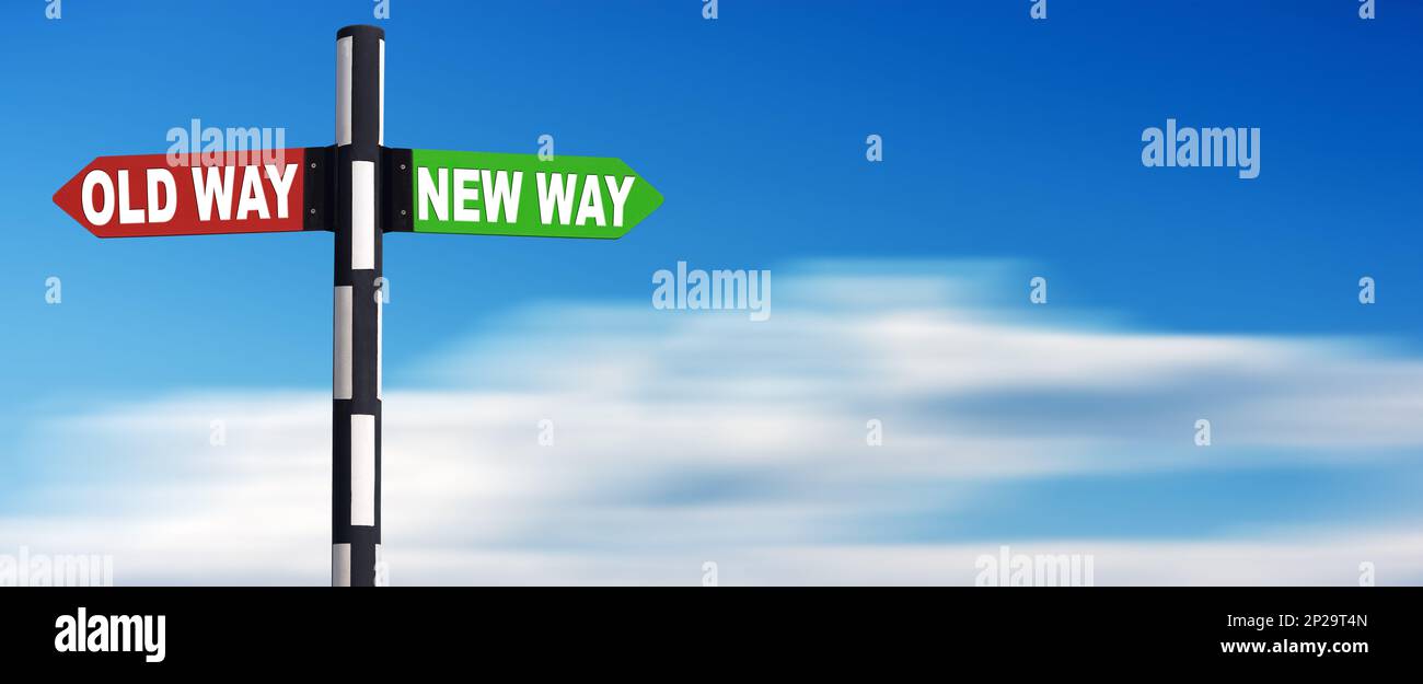 Red directional sign with text Old Way and a green directional sign ...