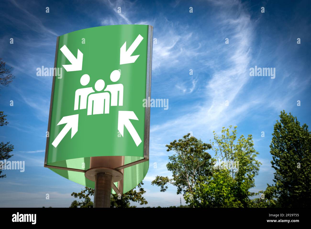 Emergency assembly point. Outdoor sign indicating where people should ...