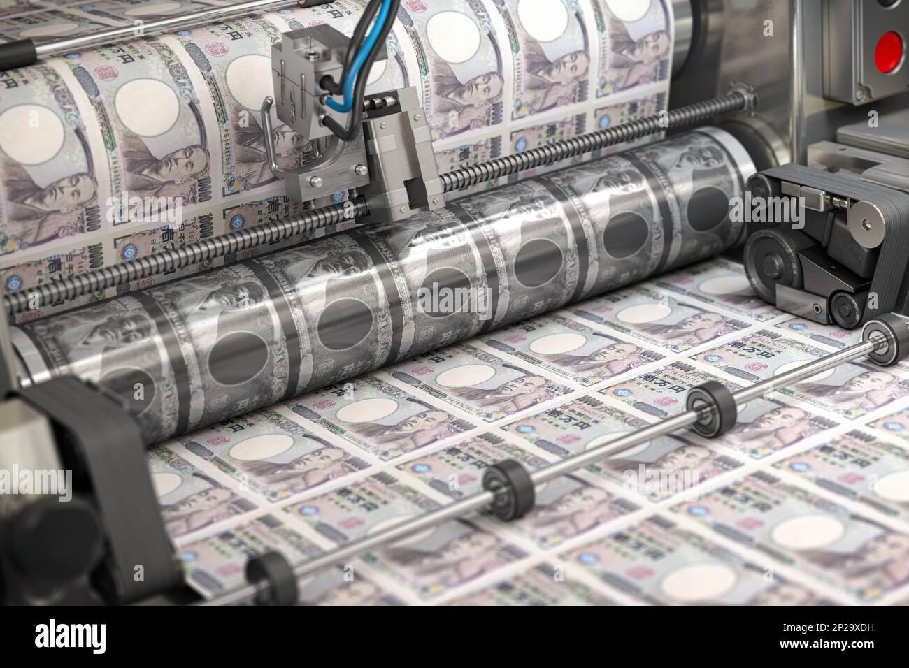 Printing money japan yen bills on a print machine in typography ...