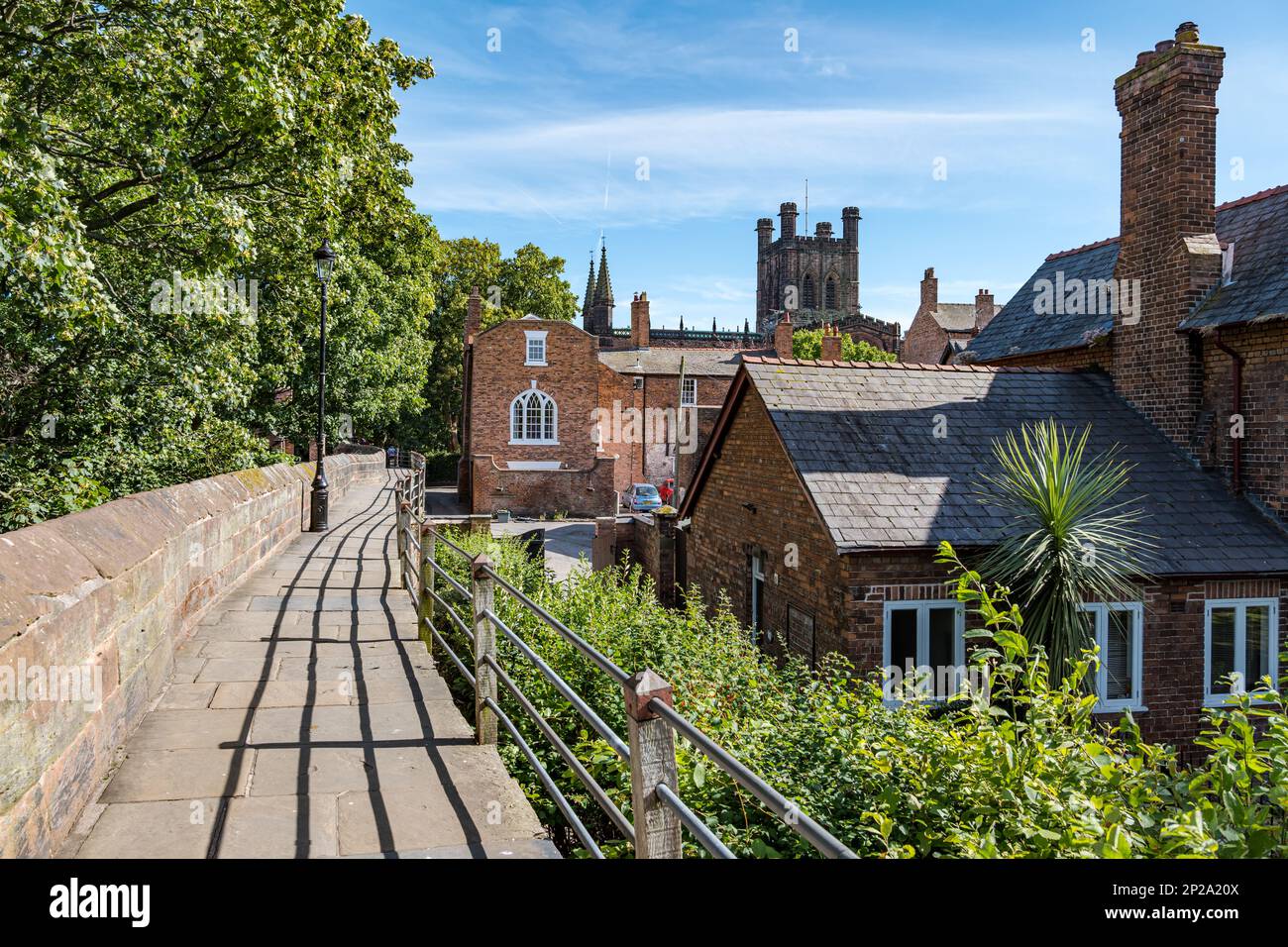 View of pedestrian walkway along historic city walls footpath on sunny ...