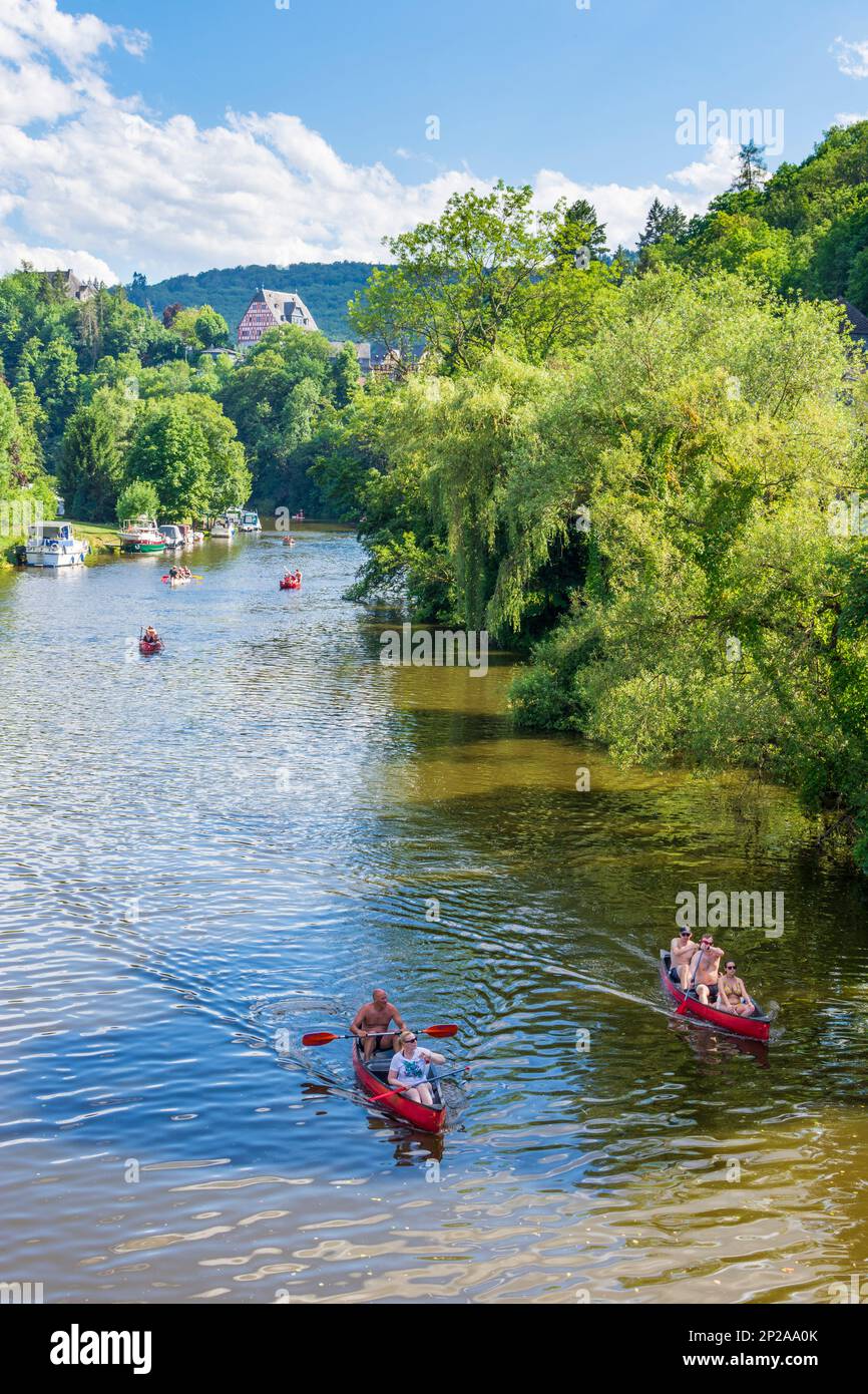 Nassau (Lahn): river Lahn, canoe paddler, boats, half-timbered houses ...