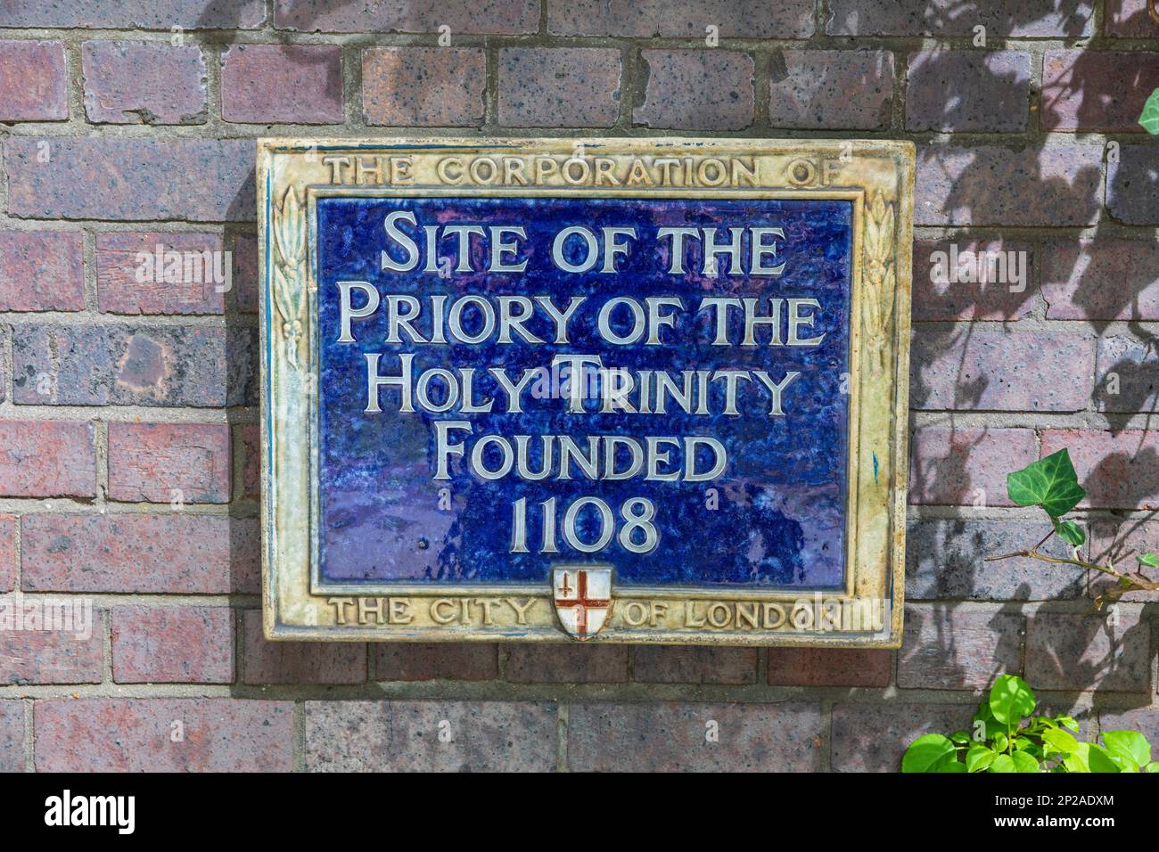 Blue Plaque marking the site of The Priory of the Holy Trinity Stock ...