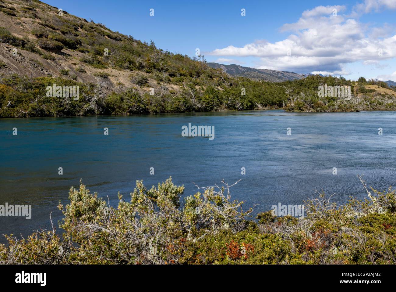 Serrano River with crystal clear blue water at Torres del Paine ...