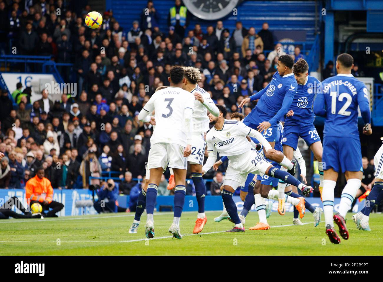 Chelsea's Wesley Fofana, top centre, scores the opening goal during the ...