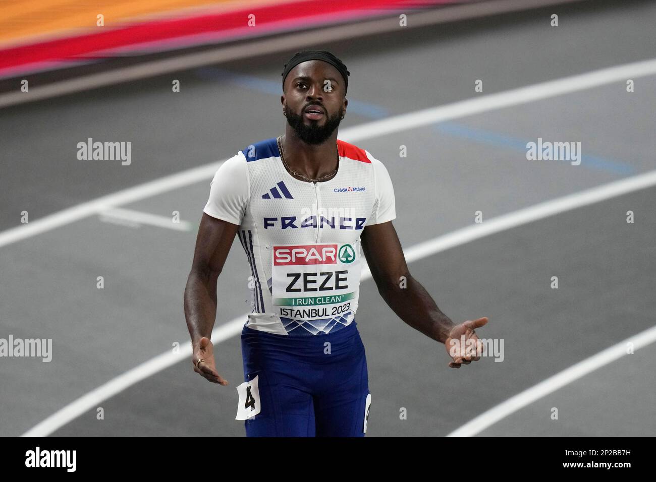 Meba Mickael Zeze, of France, reacts after failing to qualify in a Men ...