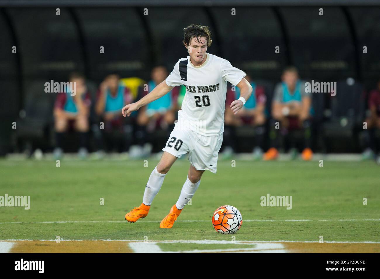 Hunter Bandy (20) of the Wake Forest Demon Deacons controls the ball ...