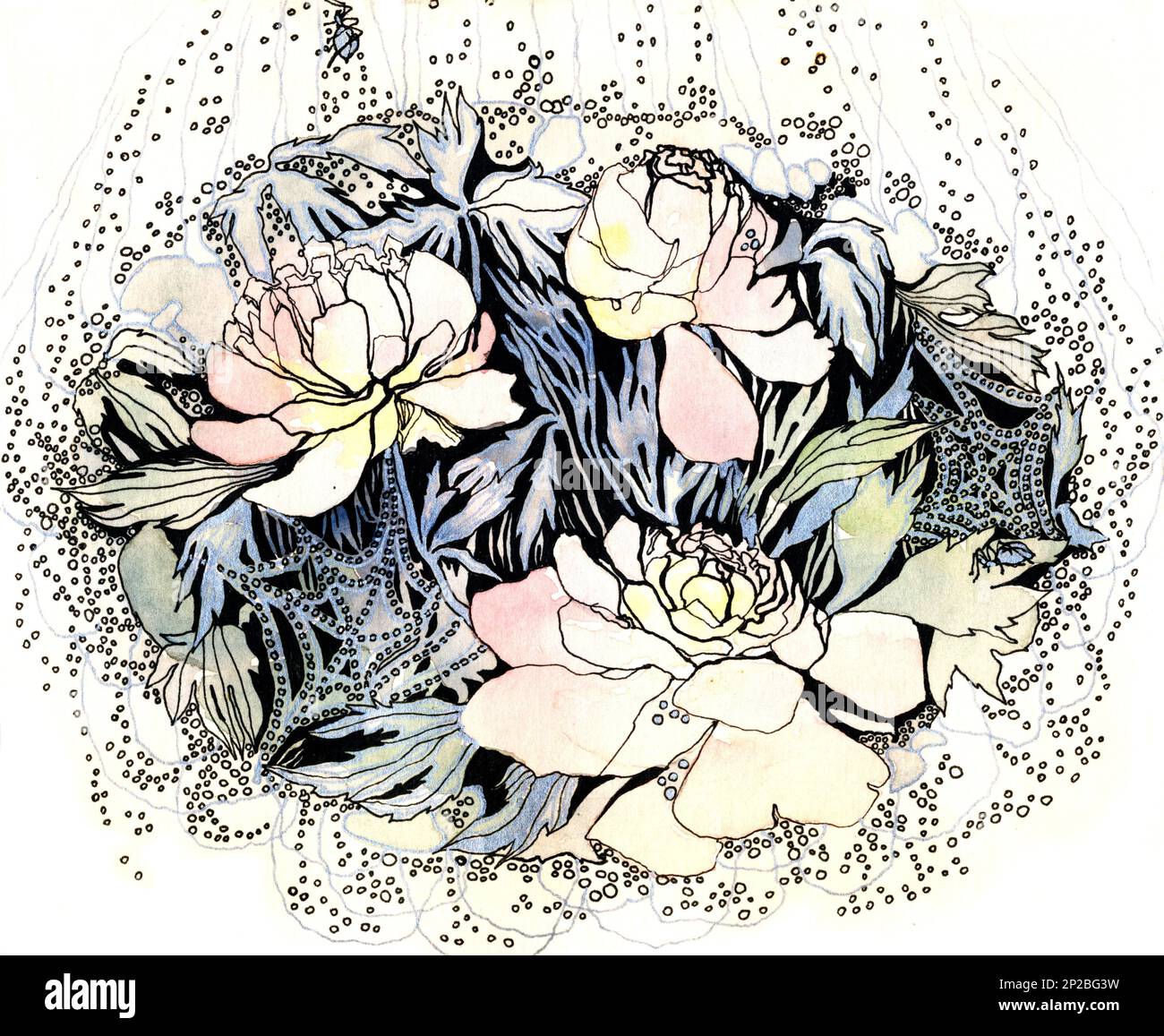 Elegant flower arrangement of line art peonies and leaves. Hand-drawn ...