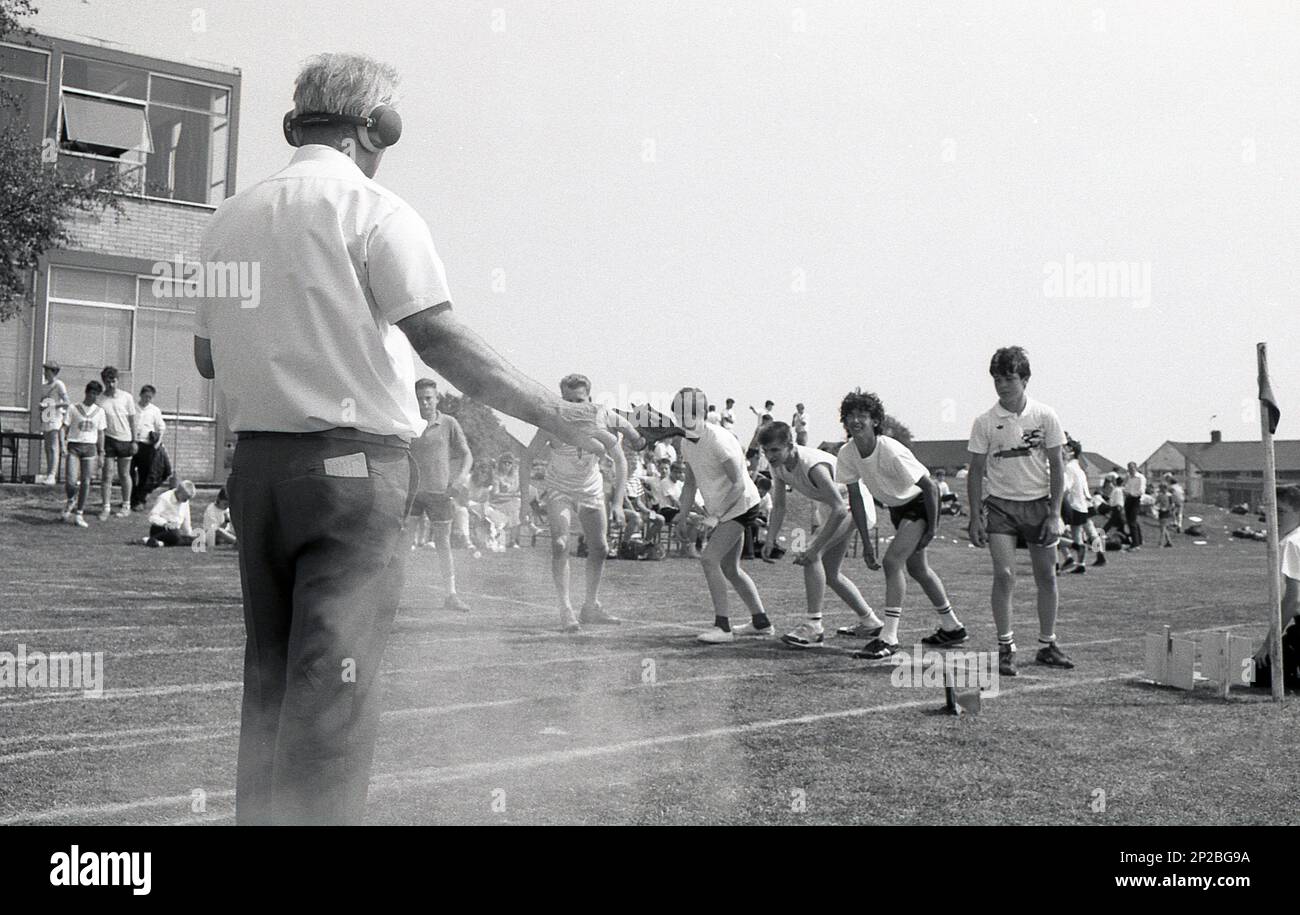 1989, school sports day, outside on a sports field, secondary school ...