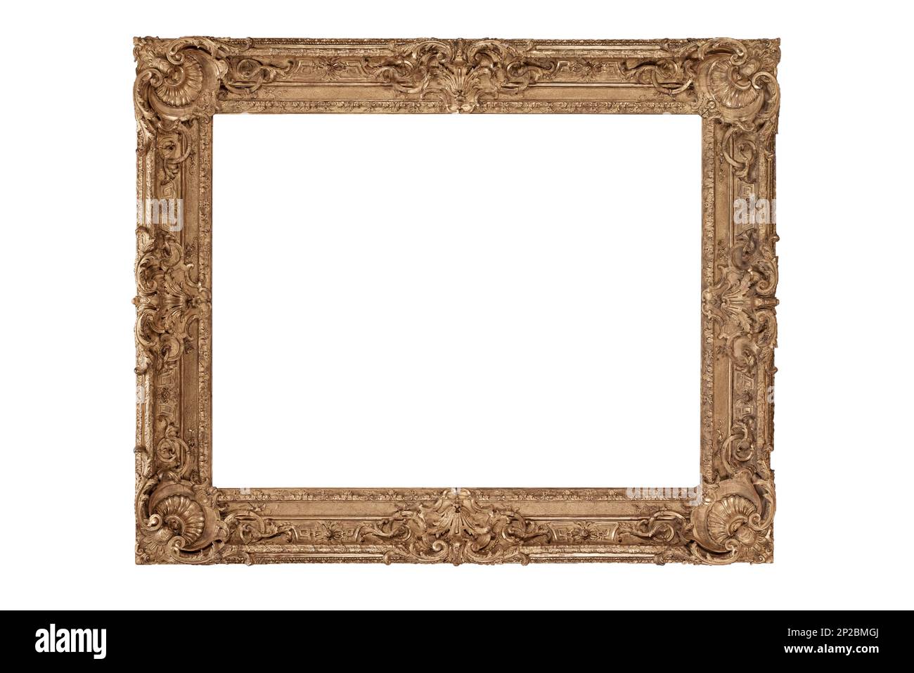 Wooden broad picture frame white background isolated detailed gold wide ...