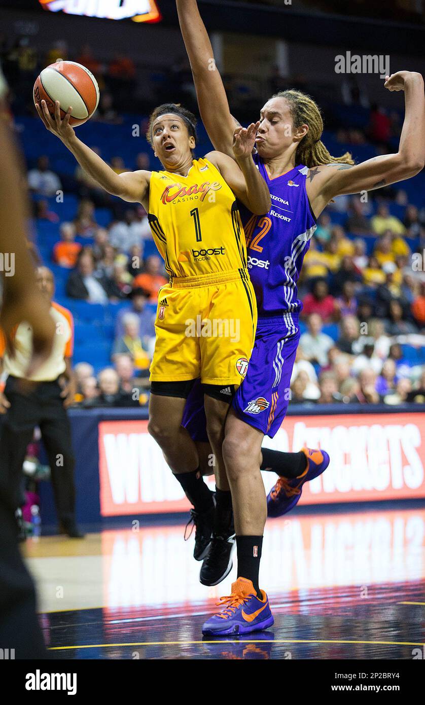 Shock's Brianna Kiesel (1) is fouled by Brittney Griner (42) as she ...