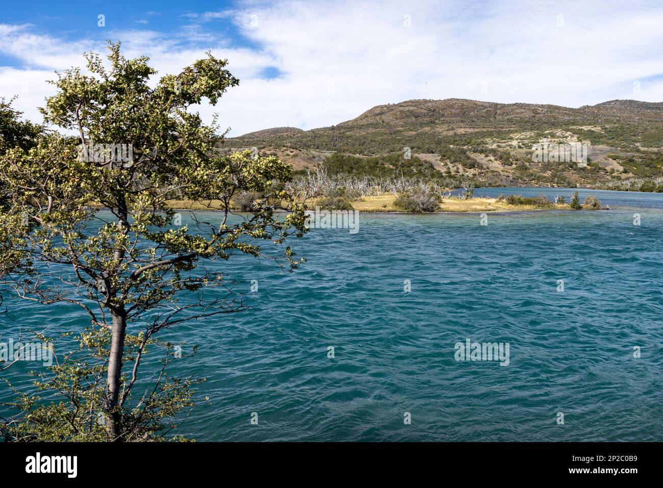 Serrano River with crystal clear blue water at Torres del Paine ...