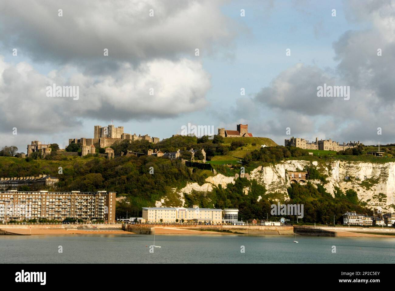 The medieval Dover Castle sits on top of the White Cliffs of Dover in ...