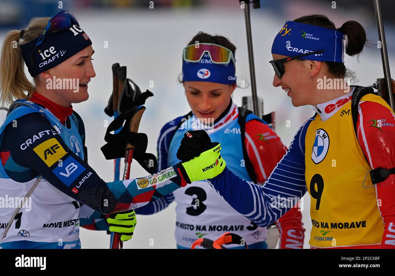 (L-R) Marte Olsbu Roeiseland of Norway, Anais Chevalier-Bouchet and ...