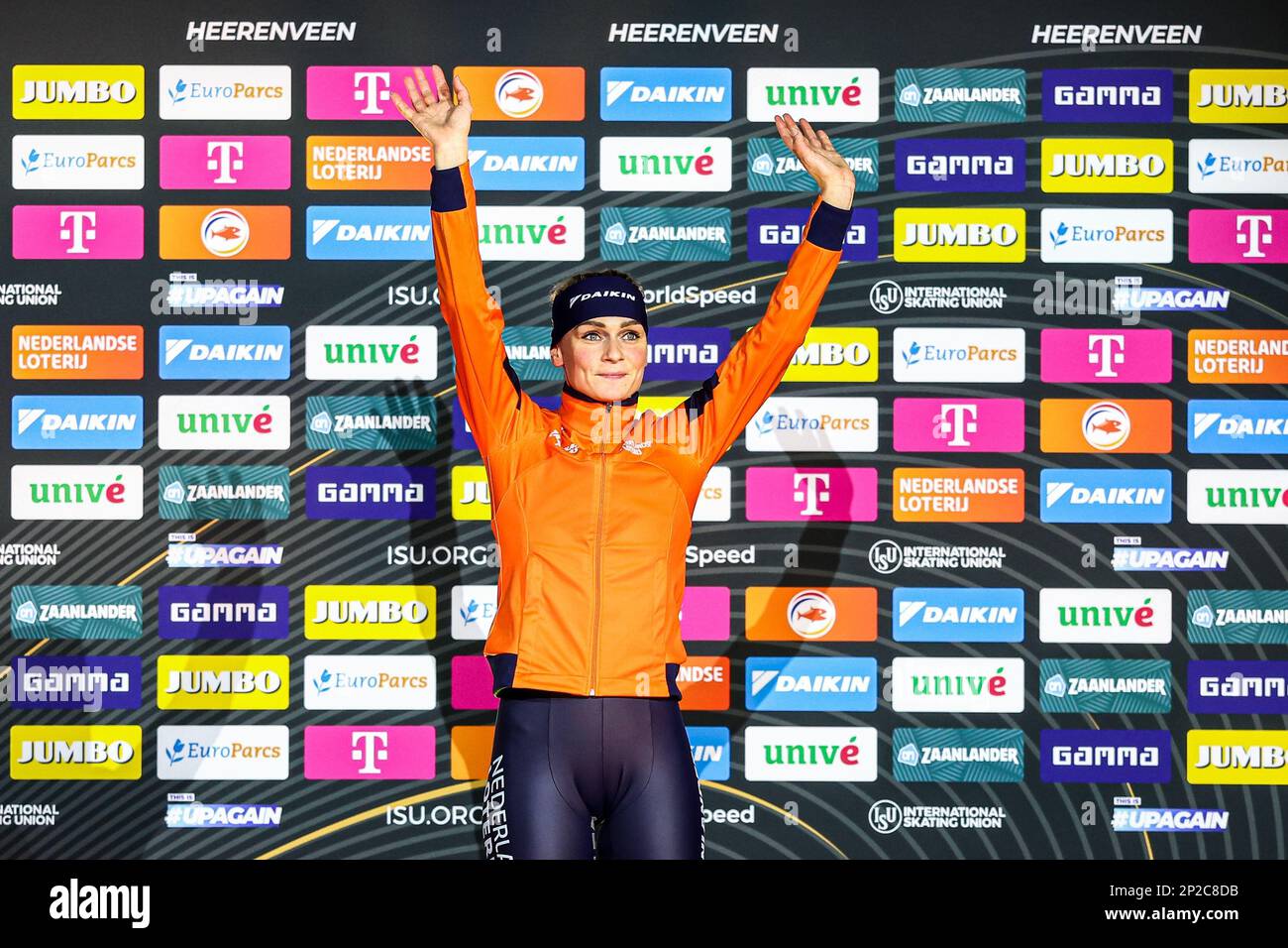 HERENVEEN - Irene Schouten (NED) on the podium after the final mass start for women at the ISU ...